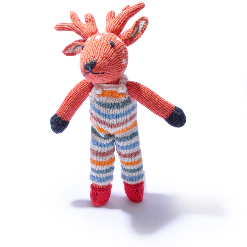 Organic Cotton Reindeer Soft Toy in Changeable Stripy Dungarees ...